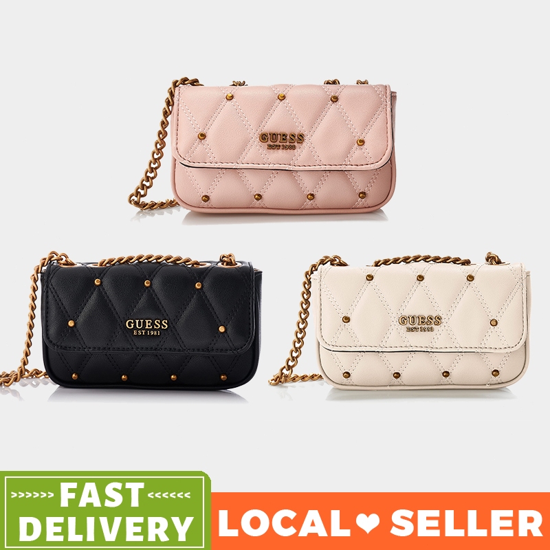 GUESS Flip Chain link handle crossbody sling bag Triana Quilted Micro ...