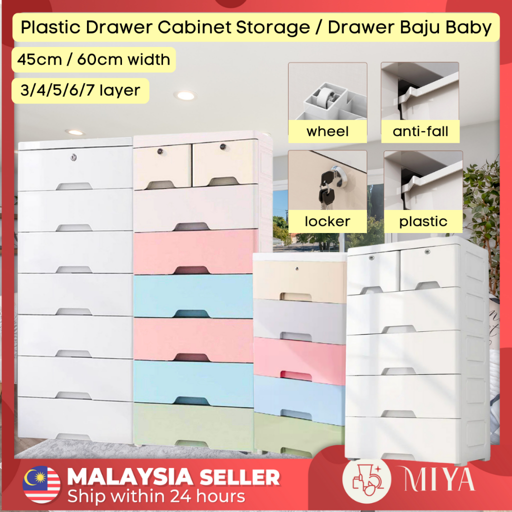 36/45/60cm Width Plastic Storage Drawer Cabinet With Lock Almari Baju ...