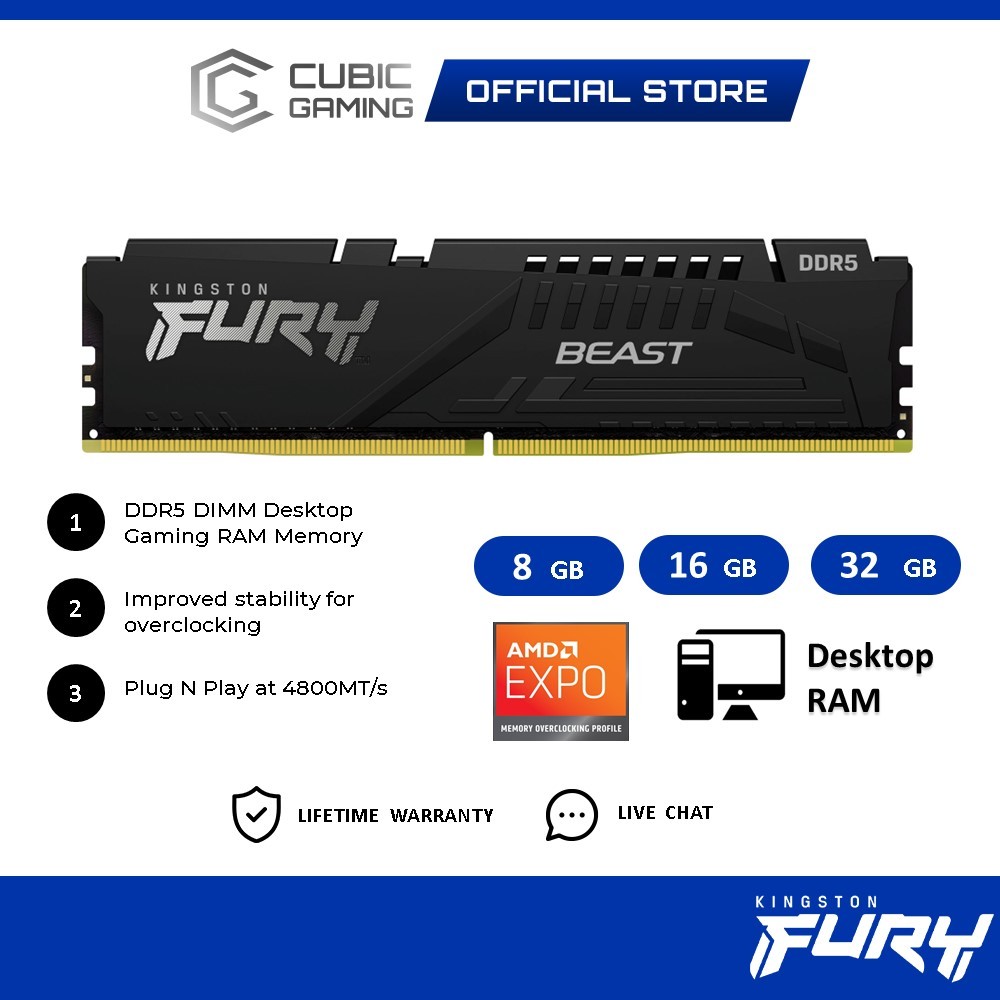 Kingston Fury Beast DDR5 AMD EXPO 5200MHz / 5600MHz / 6000MHz Desktop Gaming PC Memory RAM (8GB ...
