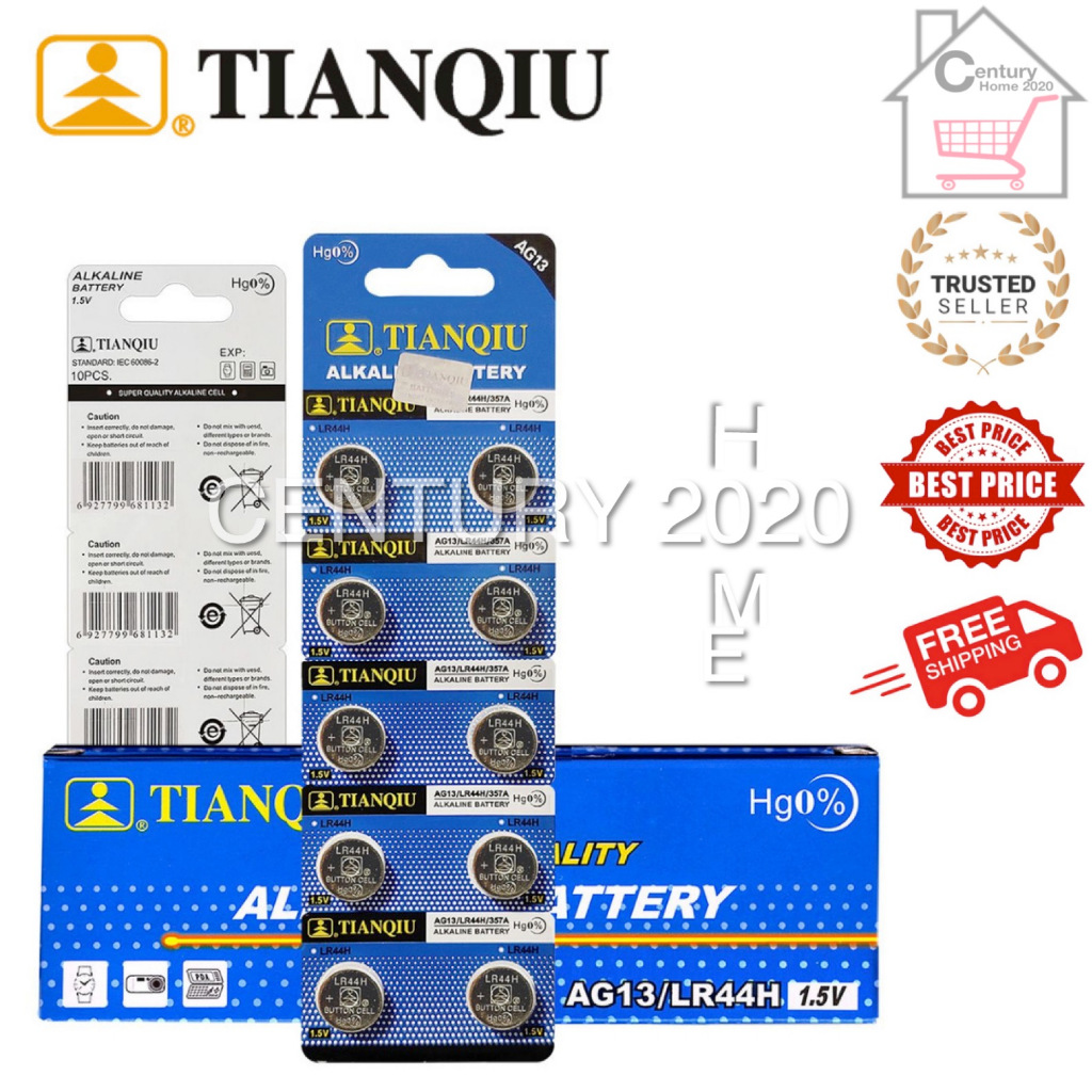 TIANQIU Battery AG13/LR44H/357A 1.5V Alkaline Battery 10pcs | Shopee ...