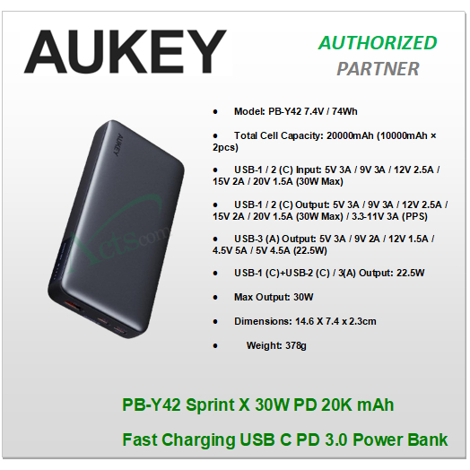Aukey PB-Y42 Sprint X 30W PD 20K mAh Fast Charging USB C PD 3.0 Power ...