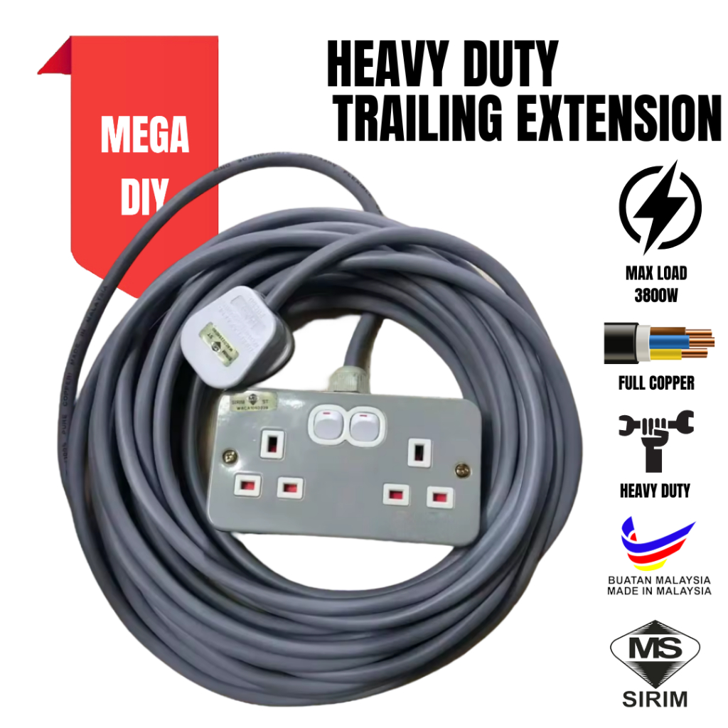 [sirim] Heavy Duty Extension Metal Clad Extension Trailing Socket Extension Wire 1 Gang 2 Gang