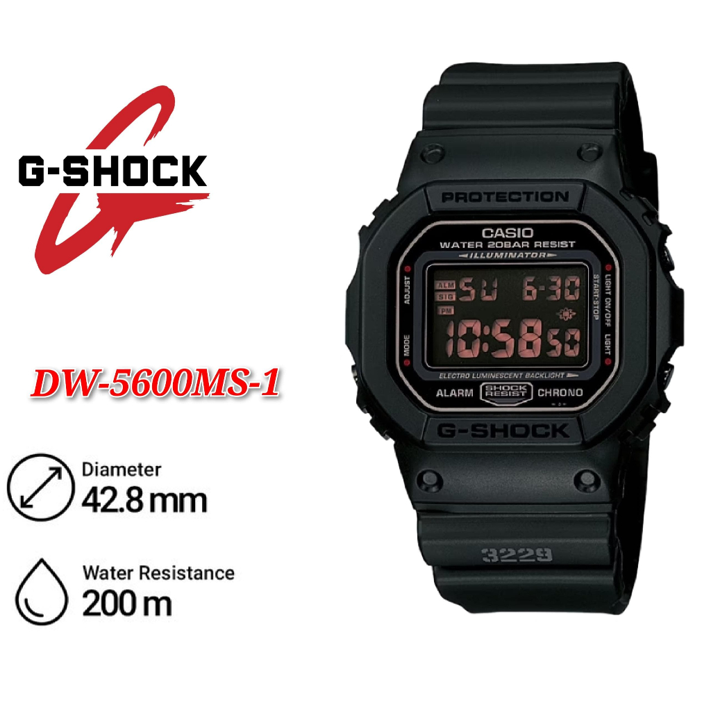Casio G-SHOCK DW-5600MS-1 Black Men's Resin Red LCD Standard Digital ...