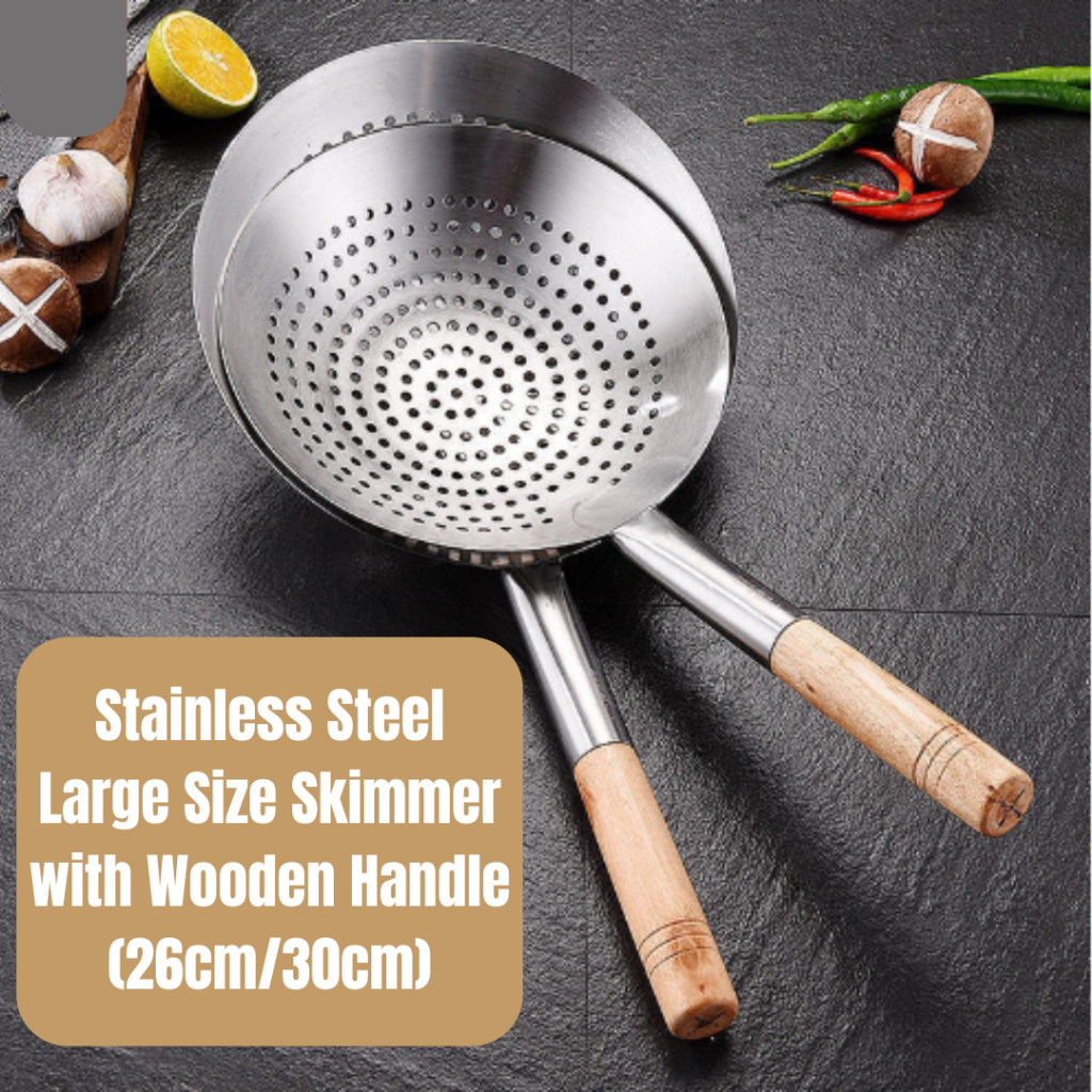 Stainless Steel Large Size Skimmer w/Wooden Handle (30cm/26cm) Strainer ...