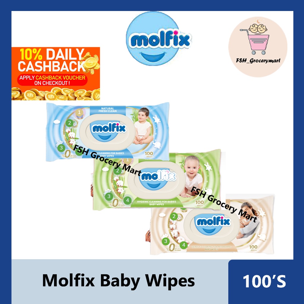 MOLFIX Natural Wet Tissue (100'S) - FRESH CLEAN/ANTIBACTERIAL/Newborn ...