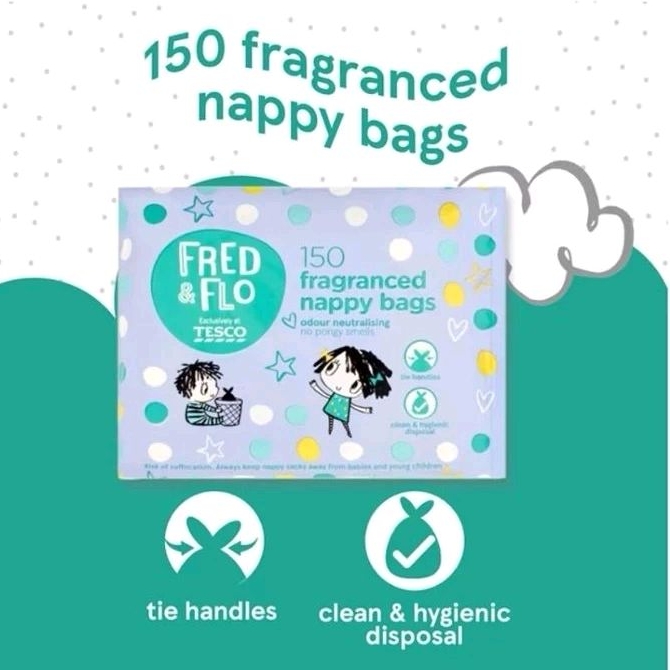 Fred & Flo 150 Nappy Bags, fragrance Nappy Sacks with tie handles and ...