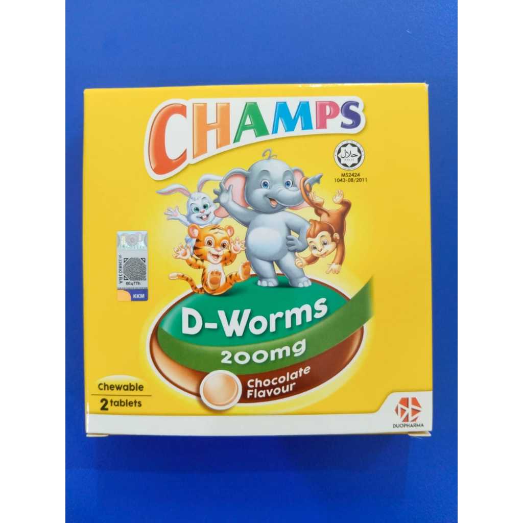 UBAT CACING CHAMPS D-WORMS 200MG CHOCOLATE FLAVOUR 2 TABLETS | Shopee ...