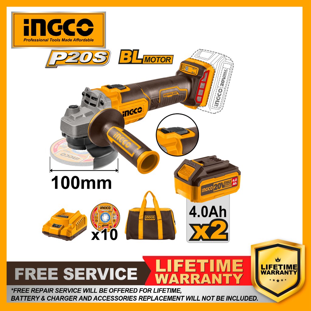 INGCO 20V Lithium-ion Angle Grinder CAGLI2010082 with Battery and ...