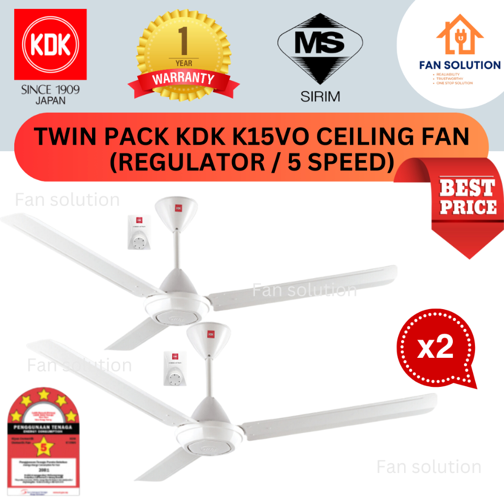 [TWIN PACK, 2 UNITS] KDK K15VO REGULATOR CEILING FAN (WHITE) (60"/150CM ...