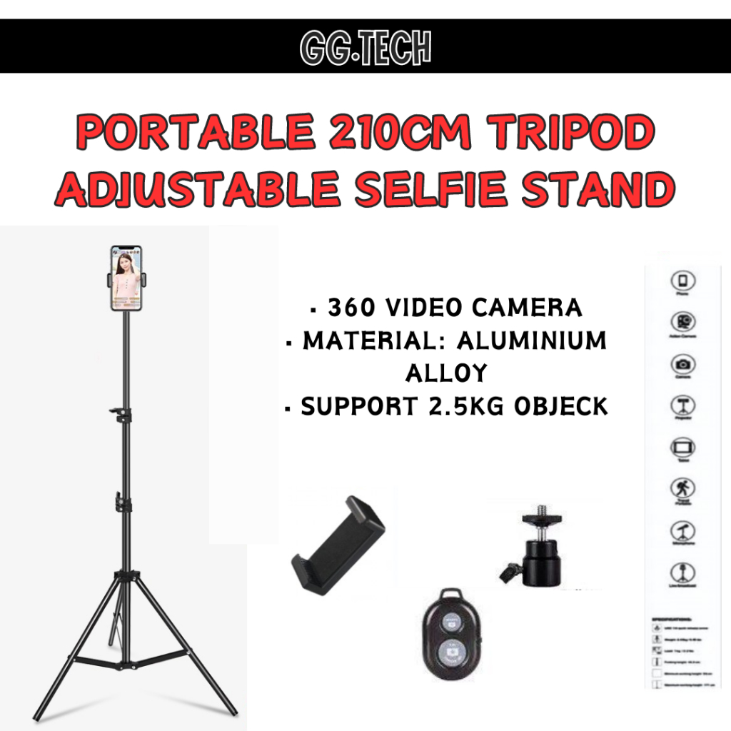 Portable 210cm 2.1m Tripod Adjustable Selfie Camera Floor Stand Phone Holder Bluetooth Remote ...
