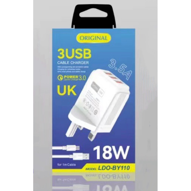 Original 3.5A 3USB Uk Mains Wall 3 Pin Plug Adapter + Micro Type-C ...