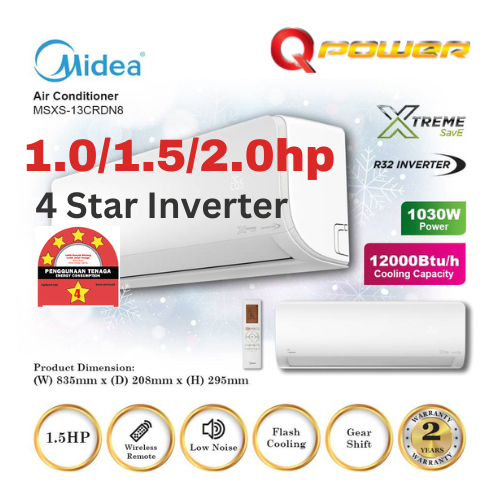 Midea Inverter 1.0hp/1.5hp / 2.0hp /Wall Split Type Xtreme Cool Series MSXS-10DRN8/MSXS-13CRDN8 ...