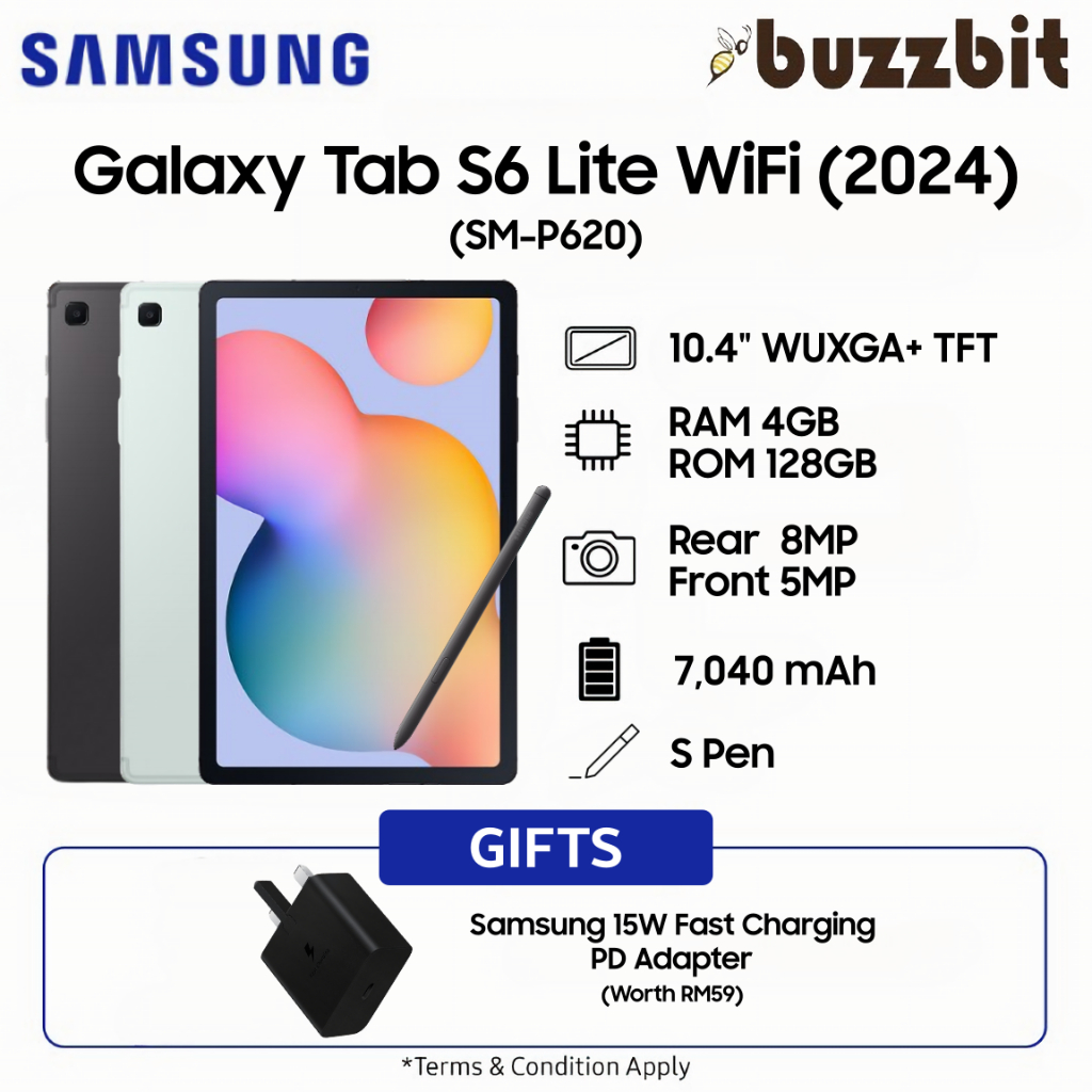 【4GB + 128GB】 Samsung Galaxy Tab S6 Lite WiFi 2024 Exynos With S Pen (SM-P620) - 10.4 Inch ...