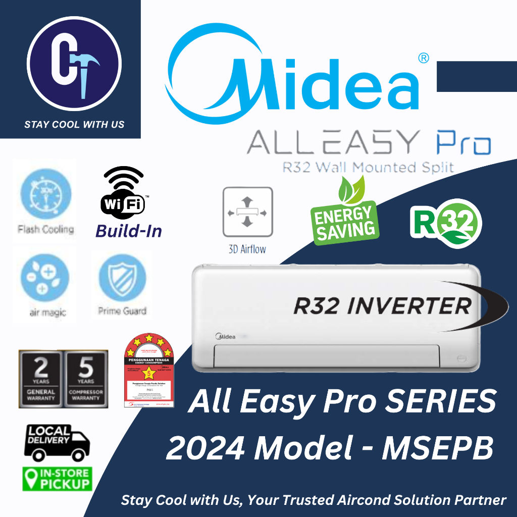 MIDEA - Premium R32 Inverter (5 stars) New All Easy Pro Series Wall Mounted Air Conditioner (1 ...