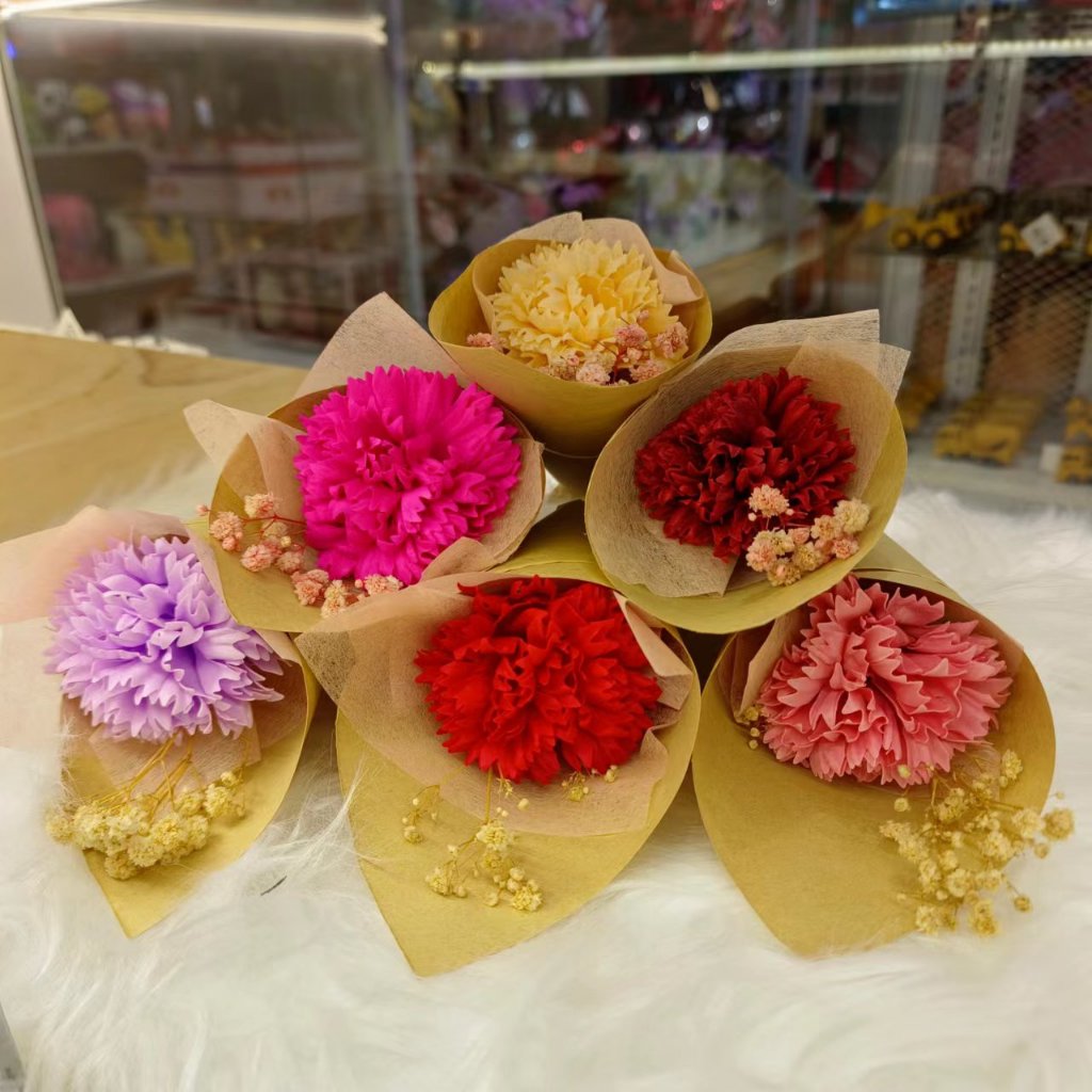 Vivid 1 Stalk Rose or Carnation Soap Flower and Baby Breath Mothers Day ...