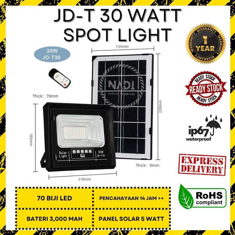 JD T-SERIES 30 WATT LED SOLAR FLOOD/ SPOT LIGHT 30W / LAMPU SOLAR ...