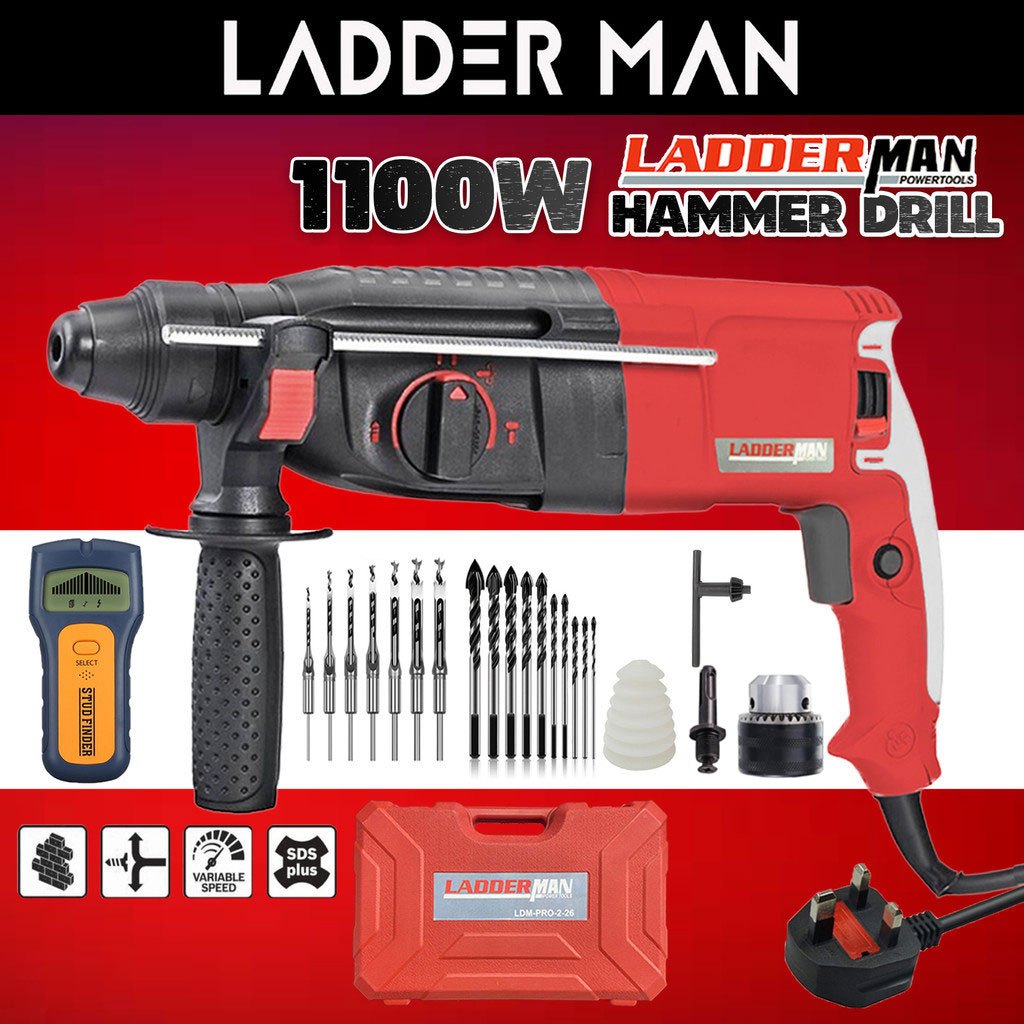 LADDERMAN LDM-PRO-2-26 1100W Rotary Hammer Drill 3 Mode Drill Concrete ...