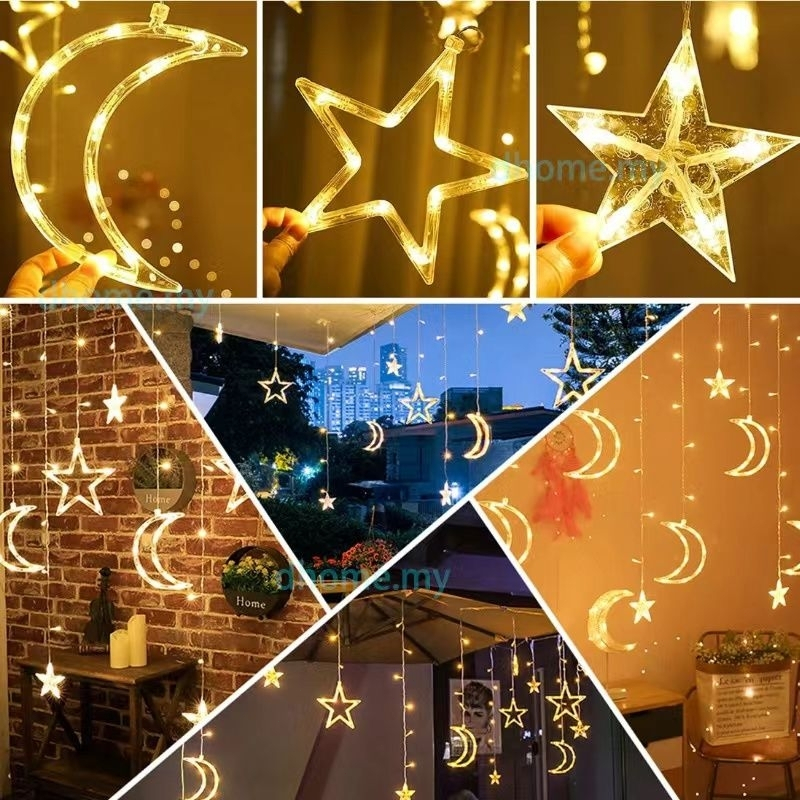 🔥Lampu RAYA 3.5M Star Moon 8 Modes LED Curtain String Lights Fairy ...