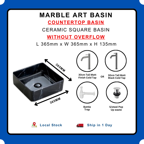 365mm x 365mm Gloss Marble Black Counter Top Ceramic Basin Table Top ...