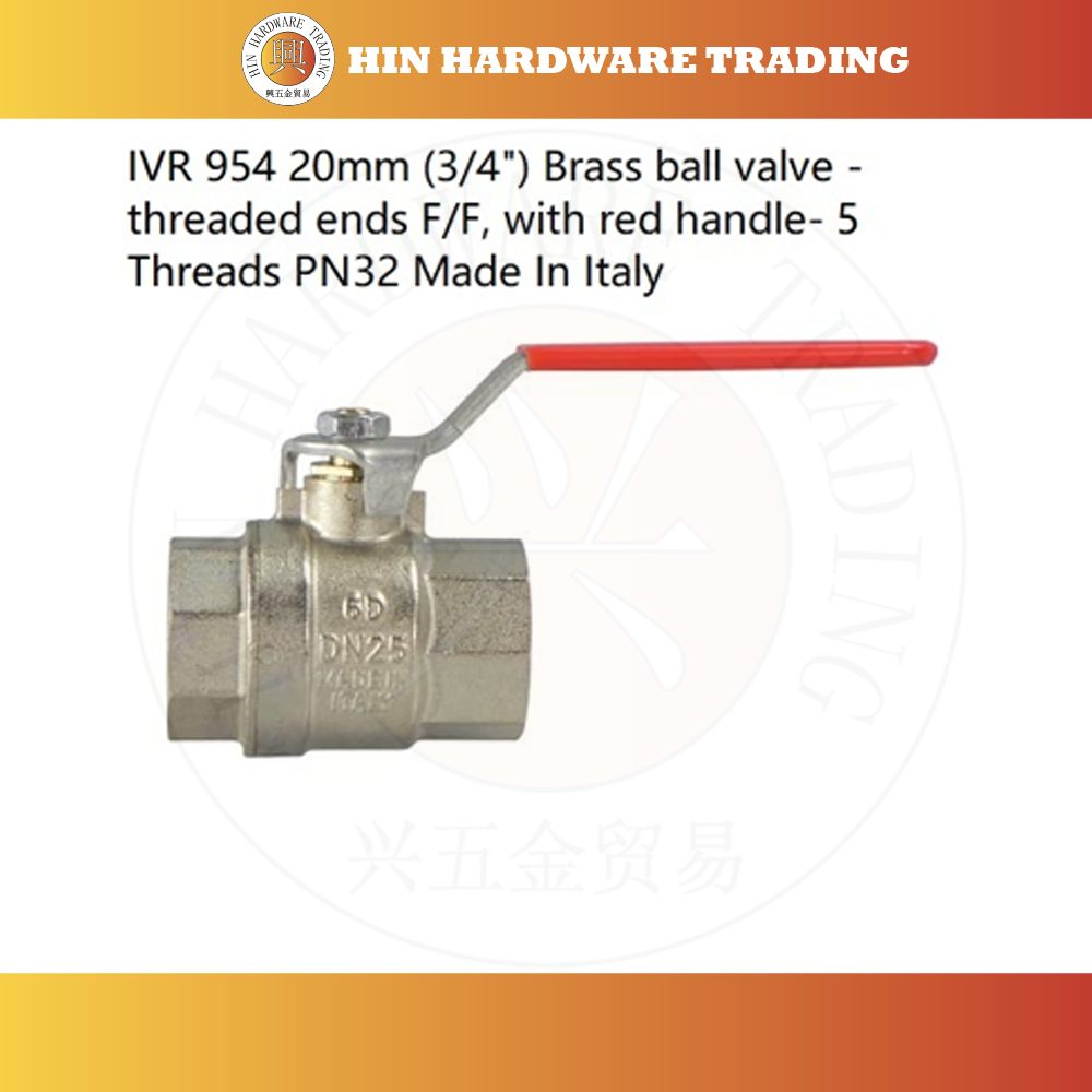 IVR 954 20mm (3/4") Brass ball valve - threaded ends F/F, with red handle- 5 Threads PN32 Made ...