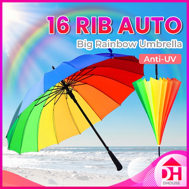Colorful Rainbow Auto Umbrella Long Handle Anti UV Rain Resistant 16 Rib Large Canopy Golf ...