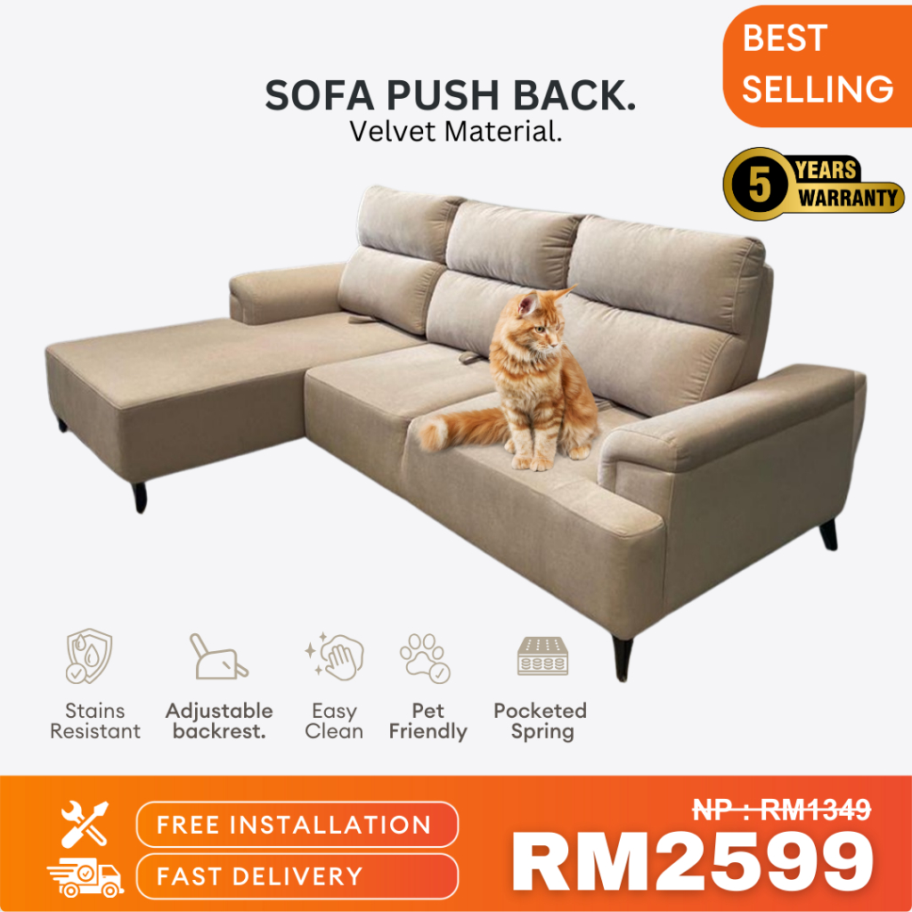 Kfurniture Lester 3,2 Seater L Shape Sofa Push Back / Fabric Velvet Sofa / Adjustable Backrest ...