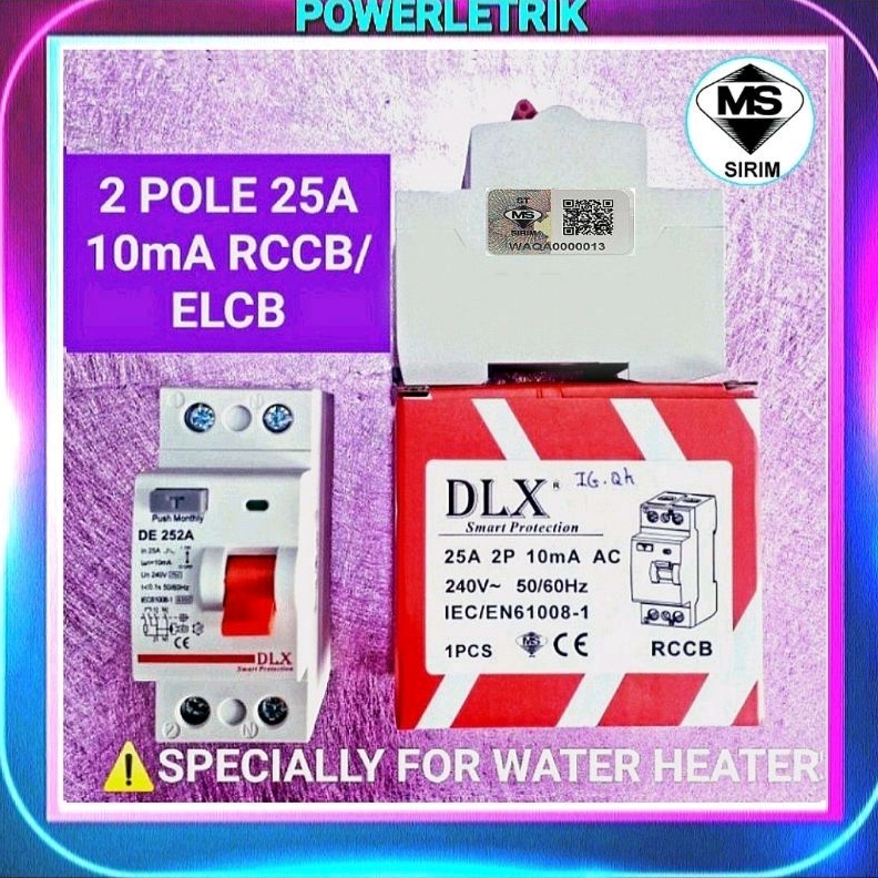 *READY STOCK* DLX (SIRIM) 2P 25A 10mA ~0.01A RCCB / ELCB SUITABLE FOR WATER HEATER - SAFE LIFE ...