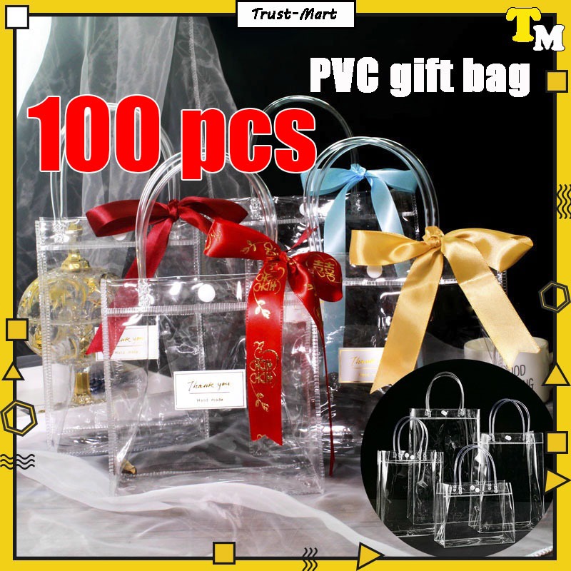 100 PCS Transparent Goodies Bag Clear PVC Tote Bag with Button Plastic ...