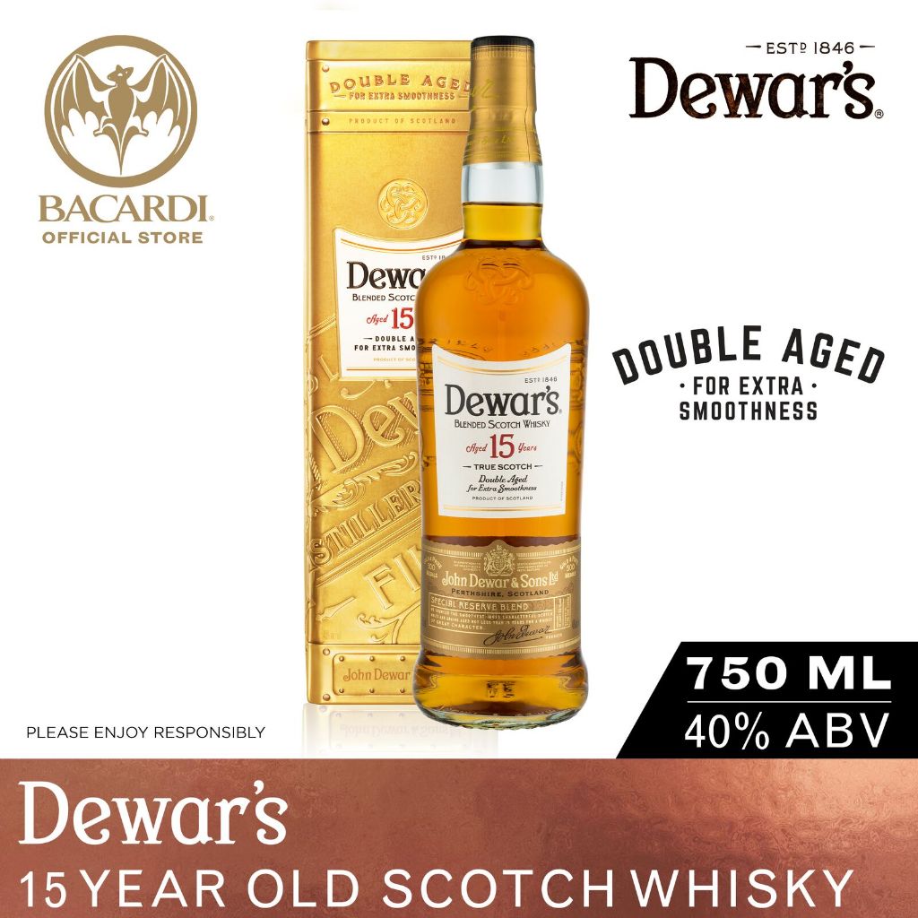 Dewar’s 15 Year Old Blended Scotch Whisky - 750ml / 75cl, 40% ABV - Double Aged Oak Cask Whisky ...