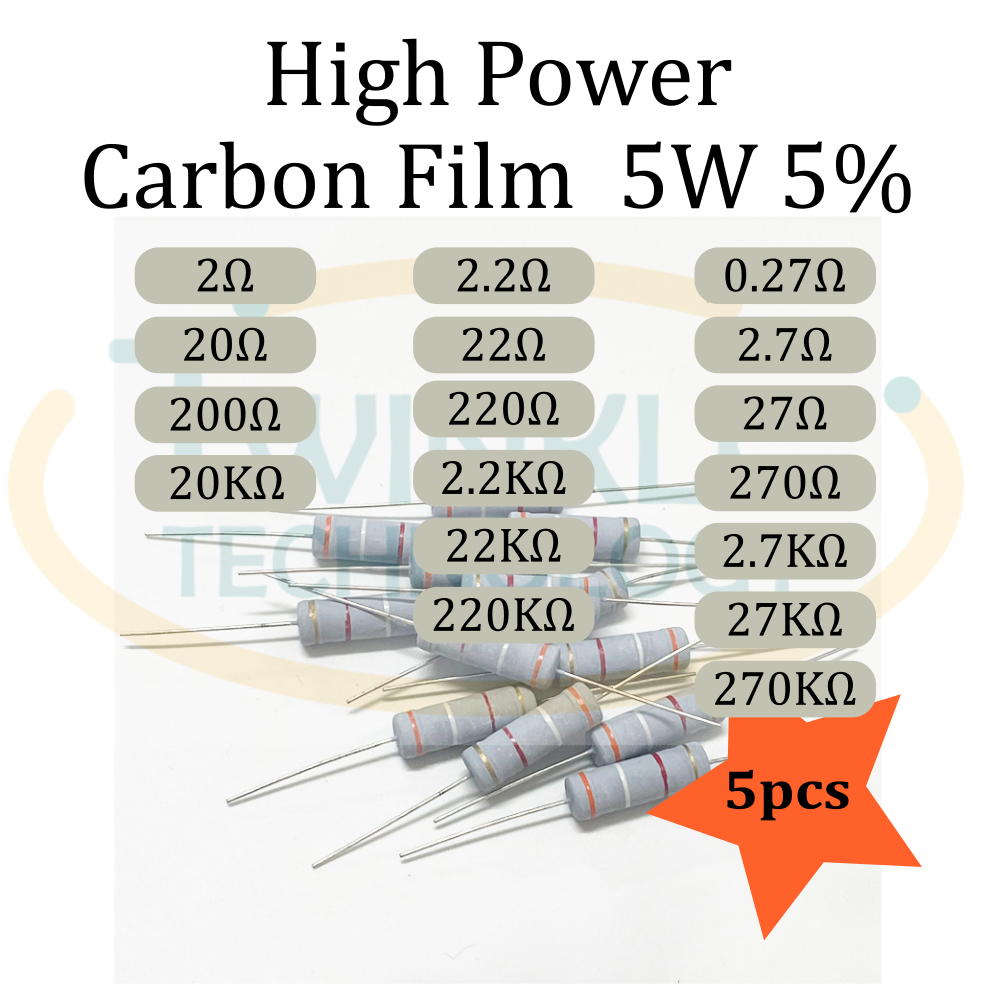 Resistor 5W High Power Carbon Film 2R, 20R, 200R, 2.2R, 220R,2.2K, 22K ...