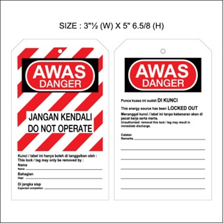 Lockout Tag/ Do Not Operate /Dilarang Beroperasi Tag Work Site Indoor ...
