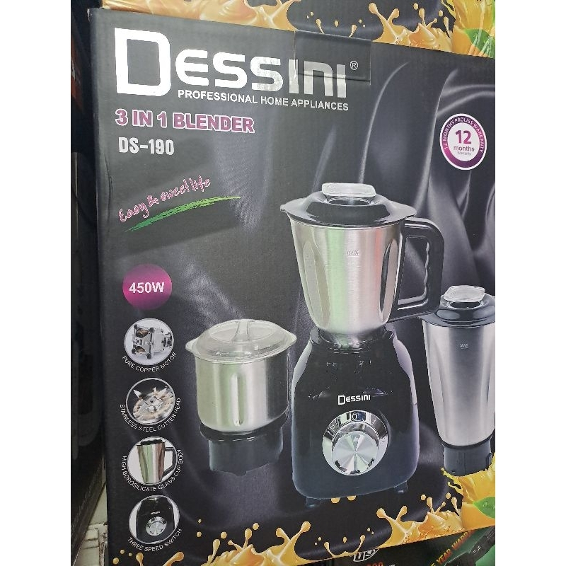 💯% Original, DESSINI DS-190 3 IN 1 Blender + Grinder 450W Mixer with 3D 6 stainless steel ...