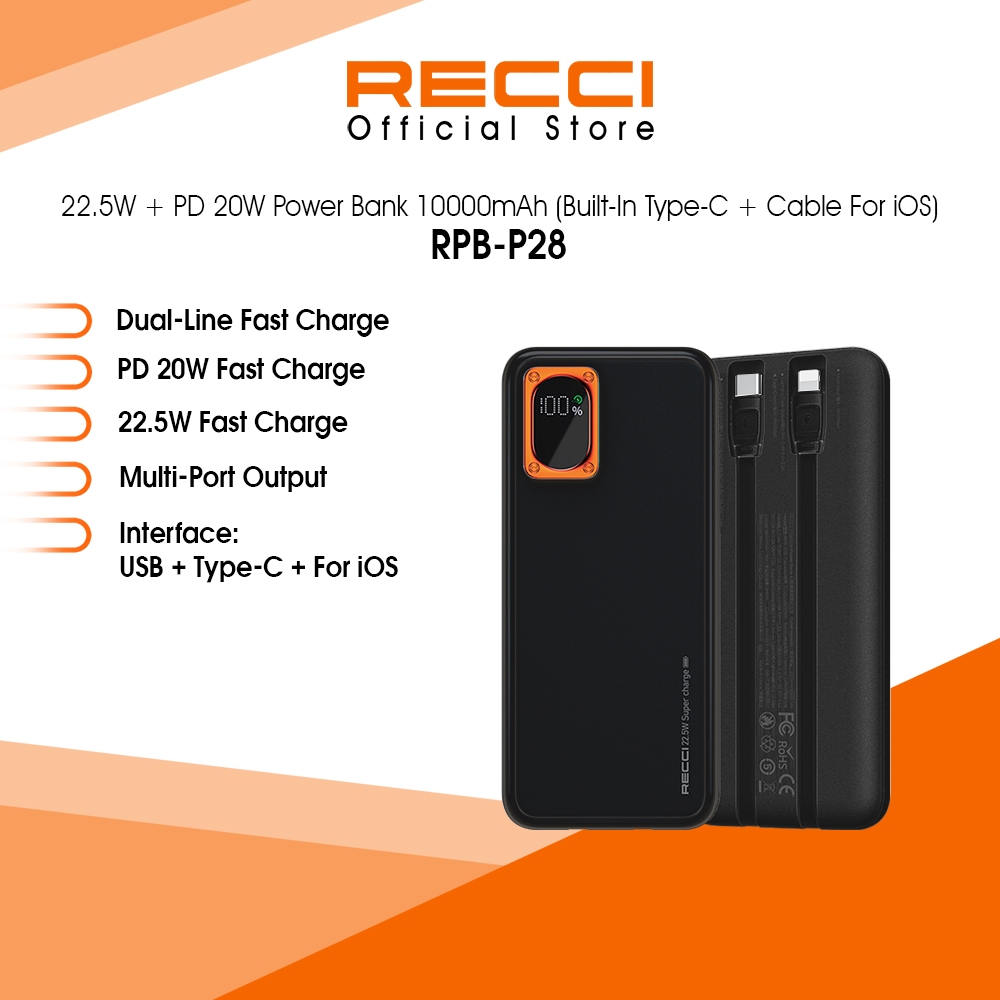 RECCI PD Built-In Type-C And iOS Devices Cable Power Bank - Black (22.5W + 20W/10000mAh) RPB-P28 ...