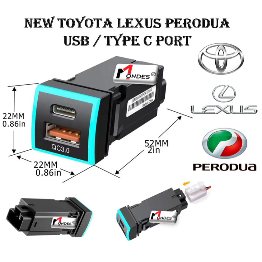 QC3.0 New Toyota USB charging port Perodua Alza Ativa Cross Veloz Vios Camry Lexus usb type c ...