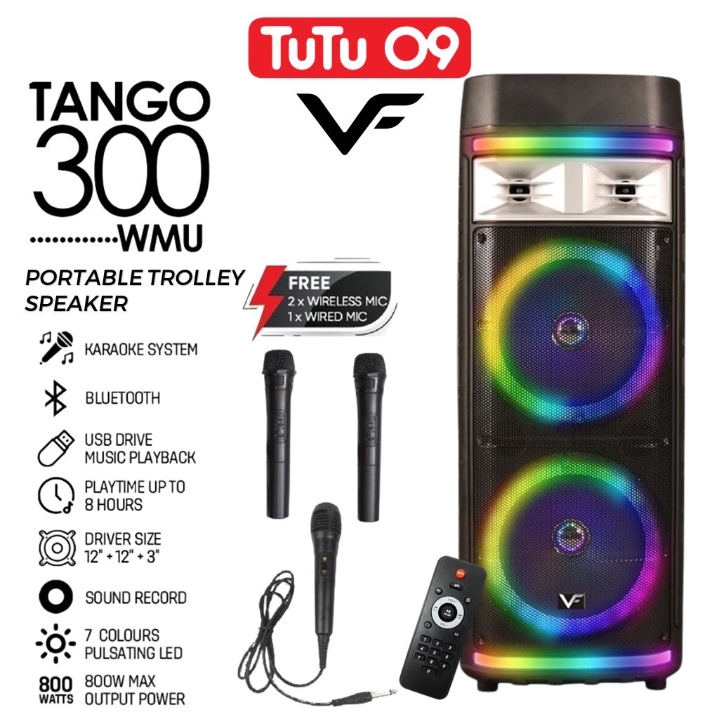 Vinnfier VF Tango 300 WMU TWS Portable Trolley Speaker Bluetooth 2x12inch Woofer Super Bass ...