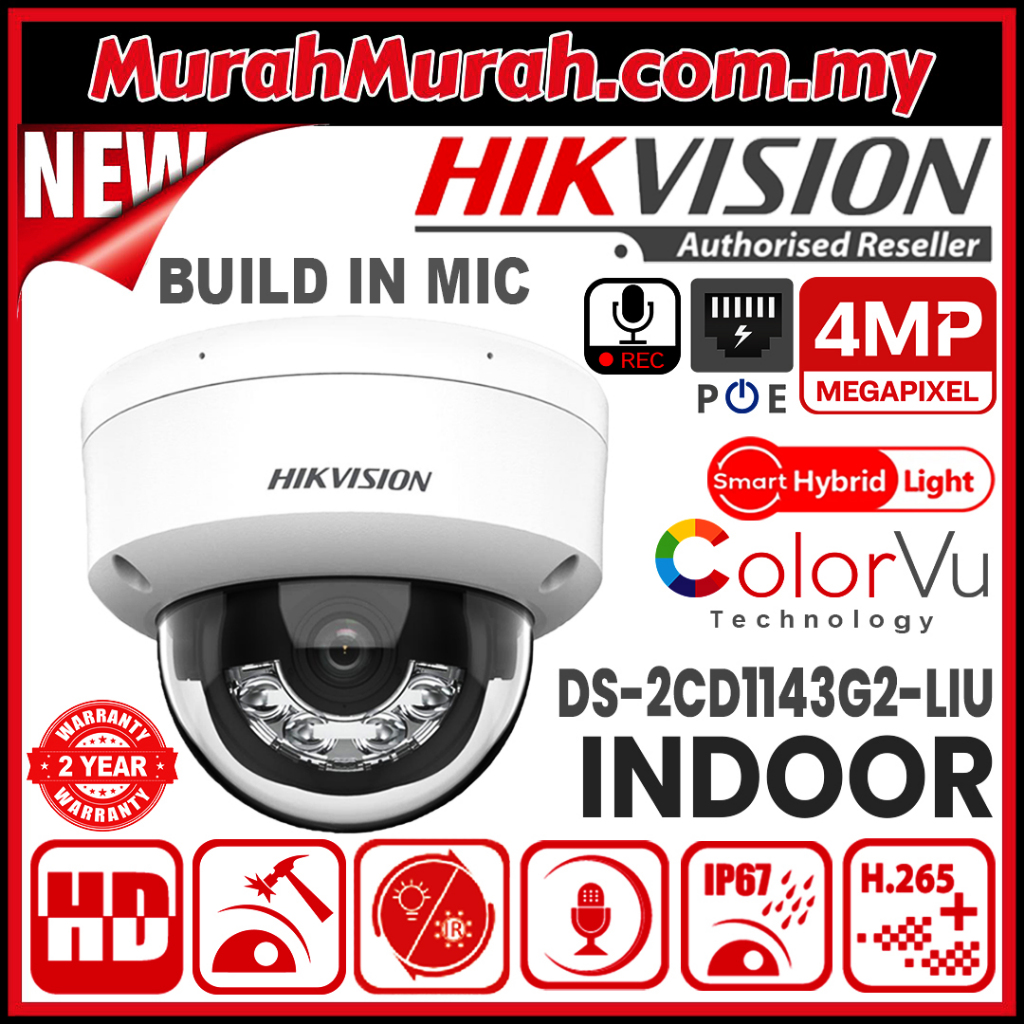HIK HIKVISION DS-2CD1143G2-LIU 4.0MP POE + COLORVU + MIC / AUDIO Smart Hybrid Light 4MP 1440P IP ...