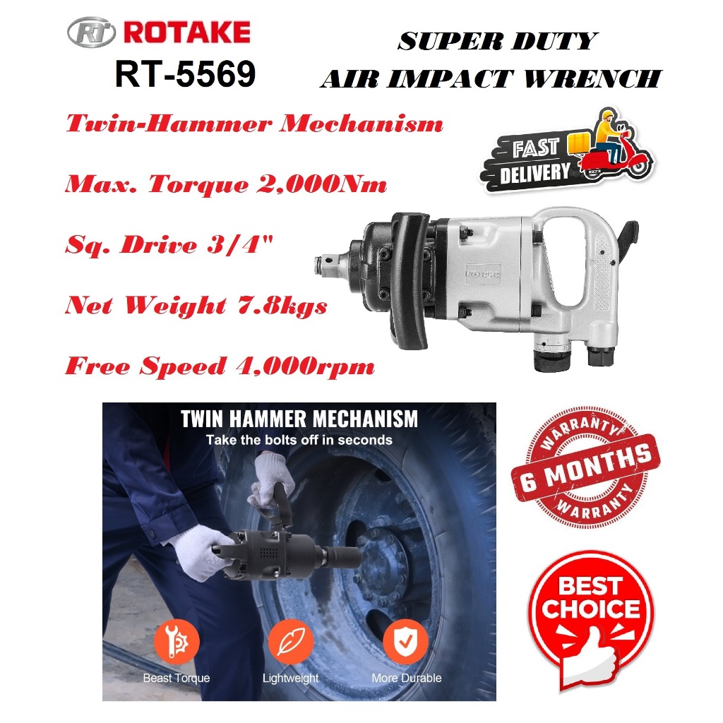 Rotake 3/4-inch Dr. 2,000Nm Heavy Duty Straight Air Impact Wrench ...