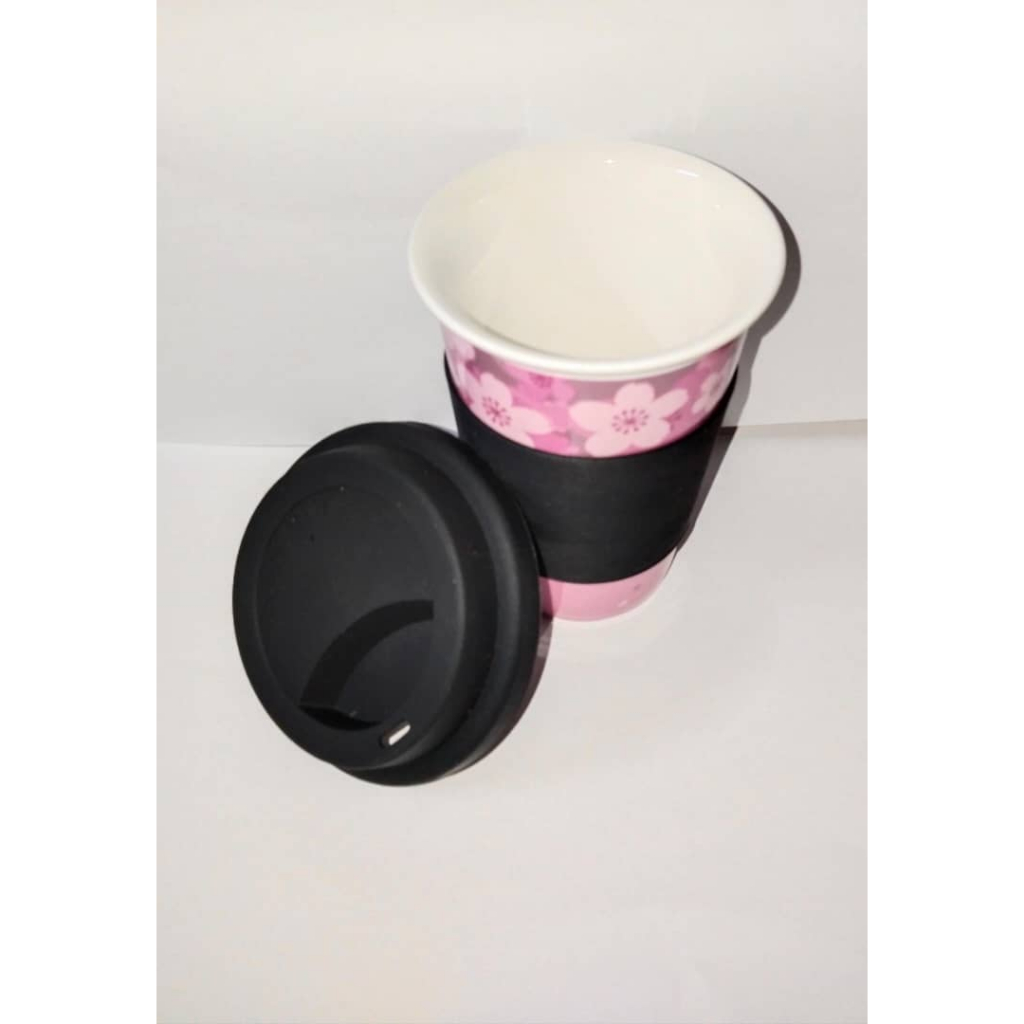 【280ml】Porcelain Cup with Sleeve & Silicone Lid/Cawan Porselin dengan ...