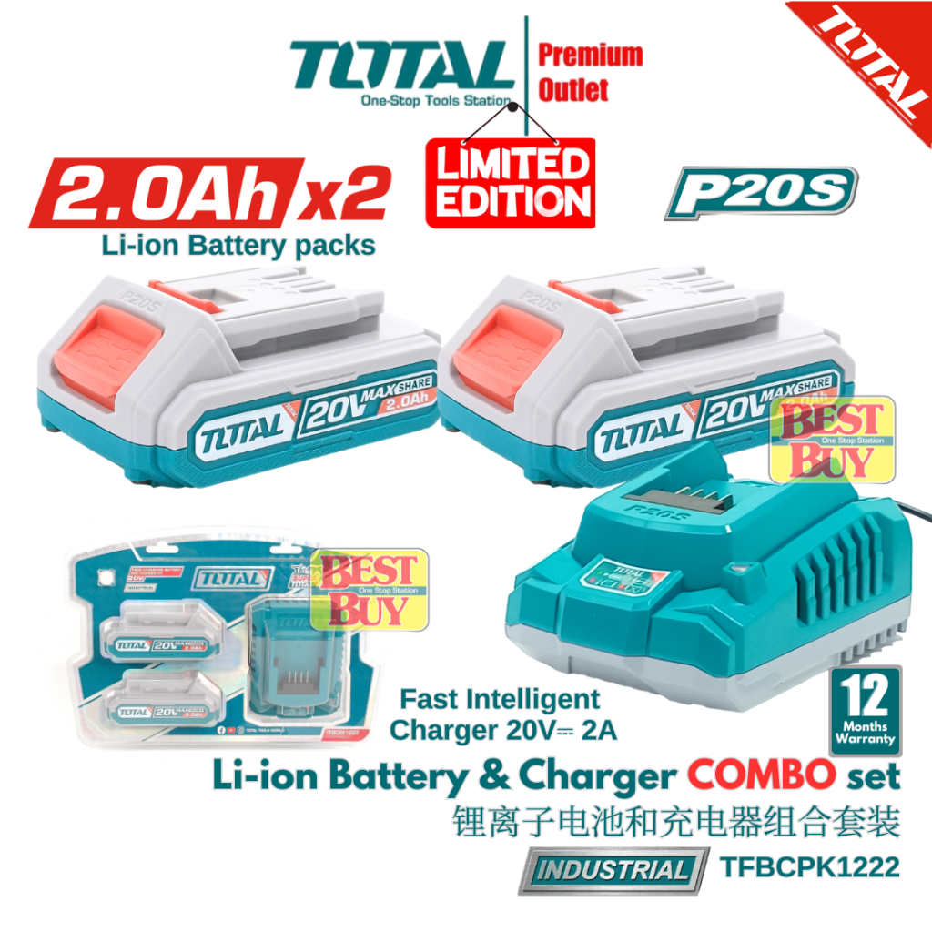 TOTAL Tools P20s 20V Series Li-ion Battery COMBO Set 2.0Ah 2 Pcs, Fast ...