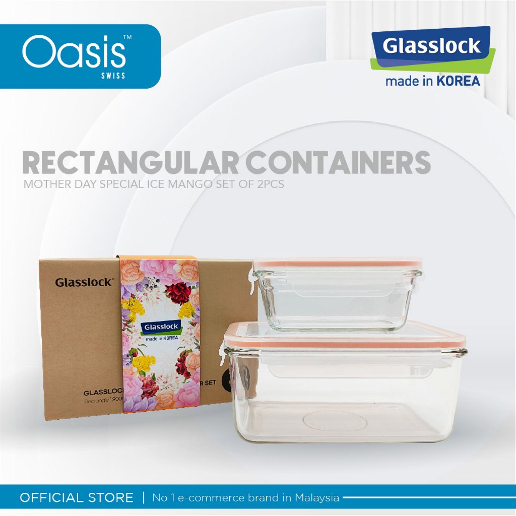 (Microwave Safe)Glasslock Airtight Food Container Bekas Kaca Kedap Udara Rectangle 2pcs 480ml ...