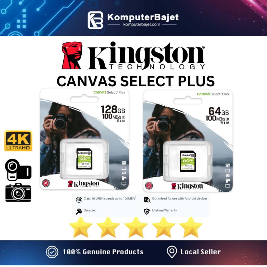 Kingston Canvas Select Plus SD Card Class 10 UHS-I 64GB 128GB Memory Card Full HD and 4K Video ...