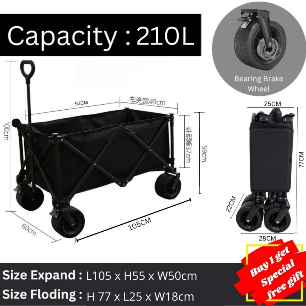 210L Wagon Trolley Camping Foldable Shopping Trolley Wagon Blackdog ...