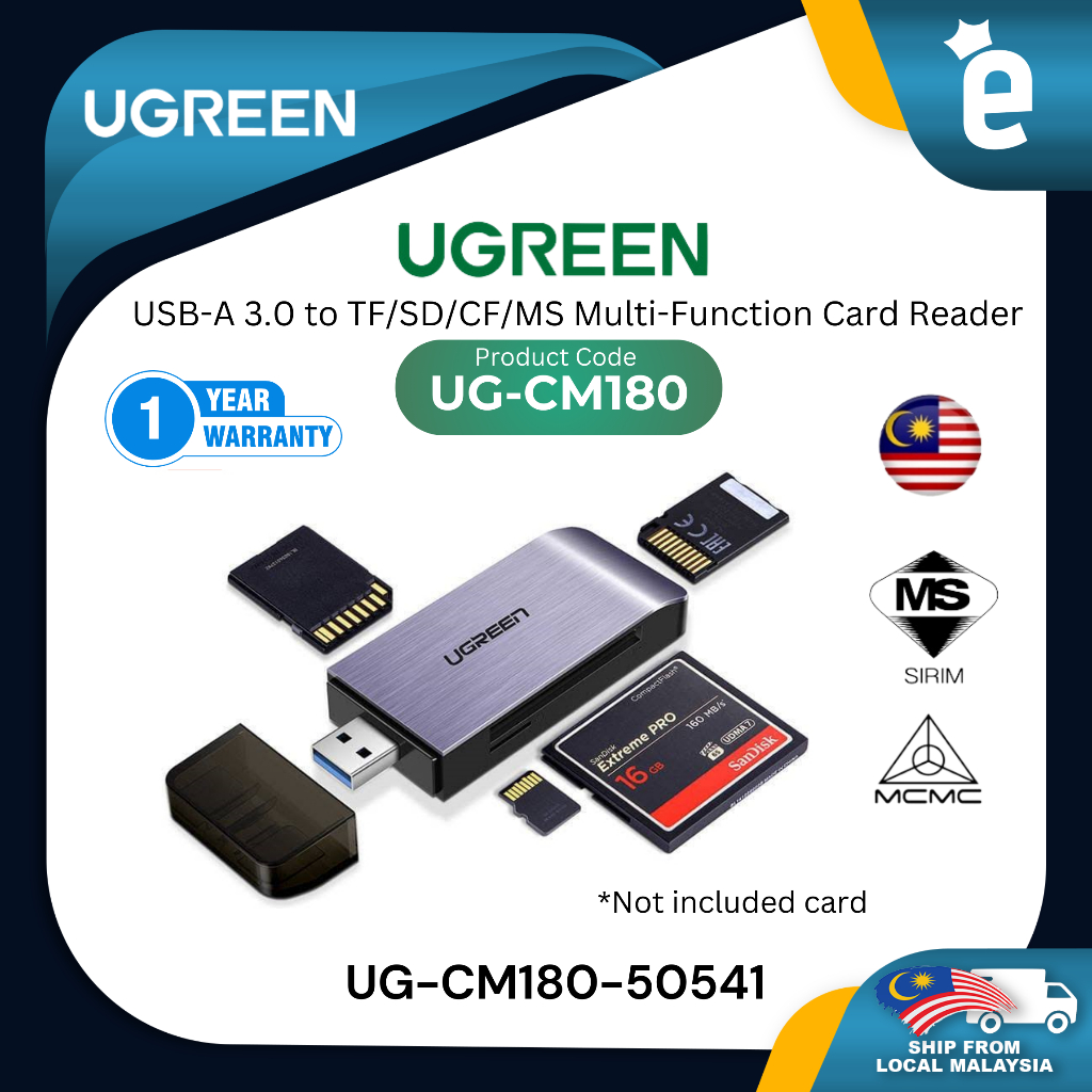 UGREEN CM180 USB-A USB 3.0 TO TF/SD/CF/MS HIGH SPEED MULTI FUNCTION ...