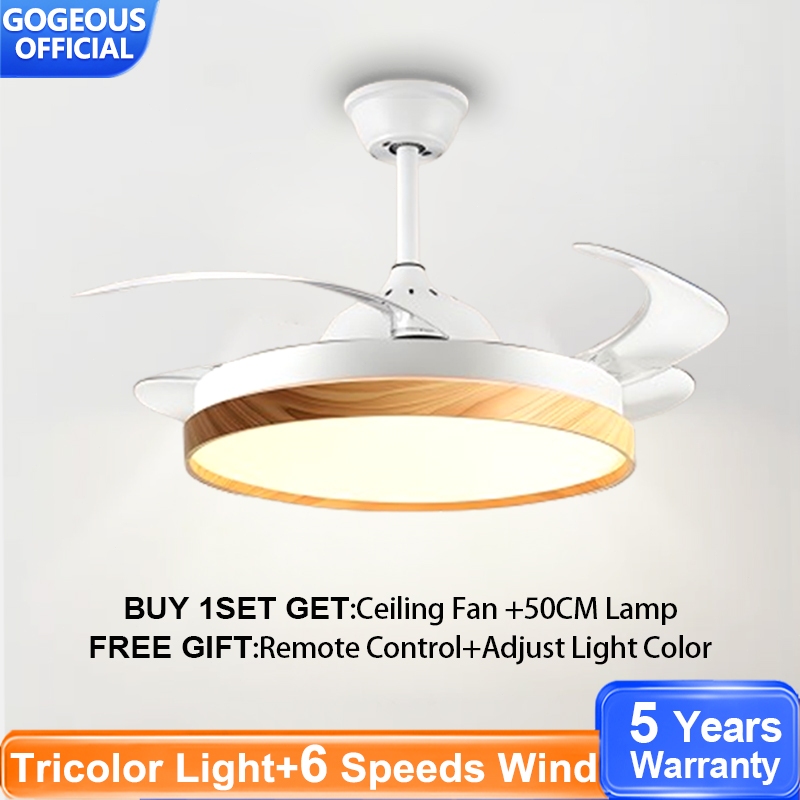 GOGEOUS Ceiling Fan With LIght Wooden Modern Design Invisible Fan Blade ...