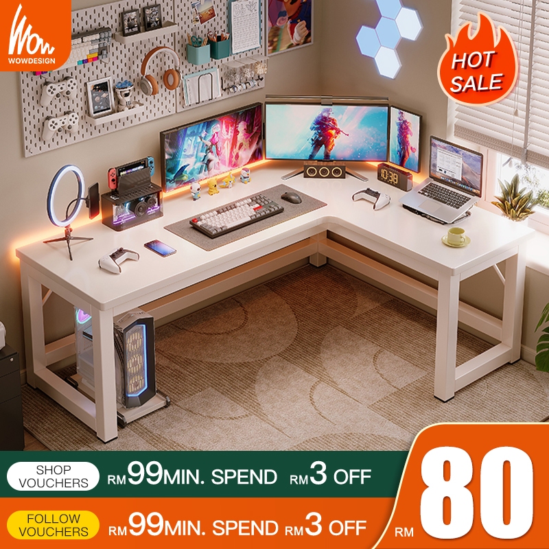 Gaming Table L Shape Computer Table White Gaming Table Meja PC Gaming ...