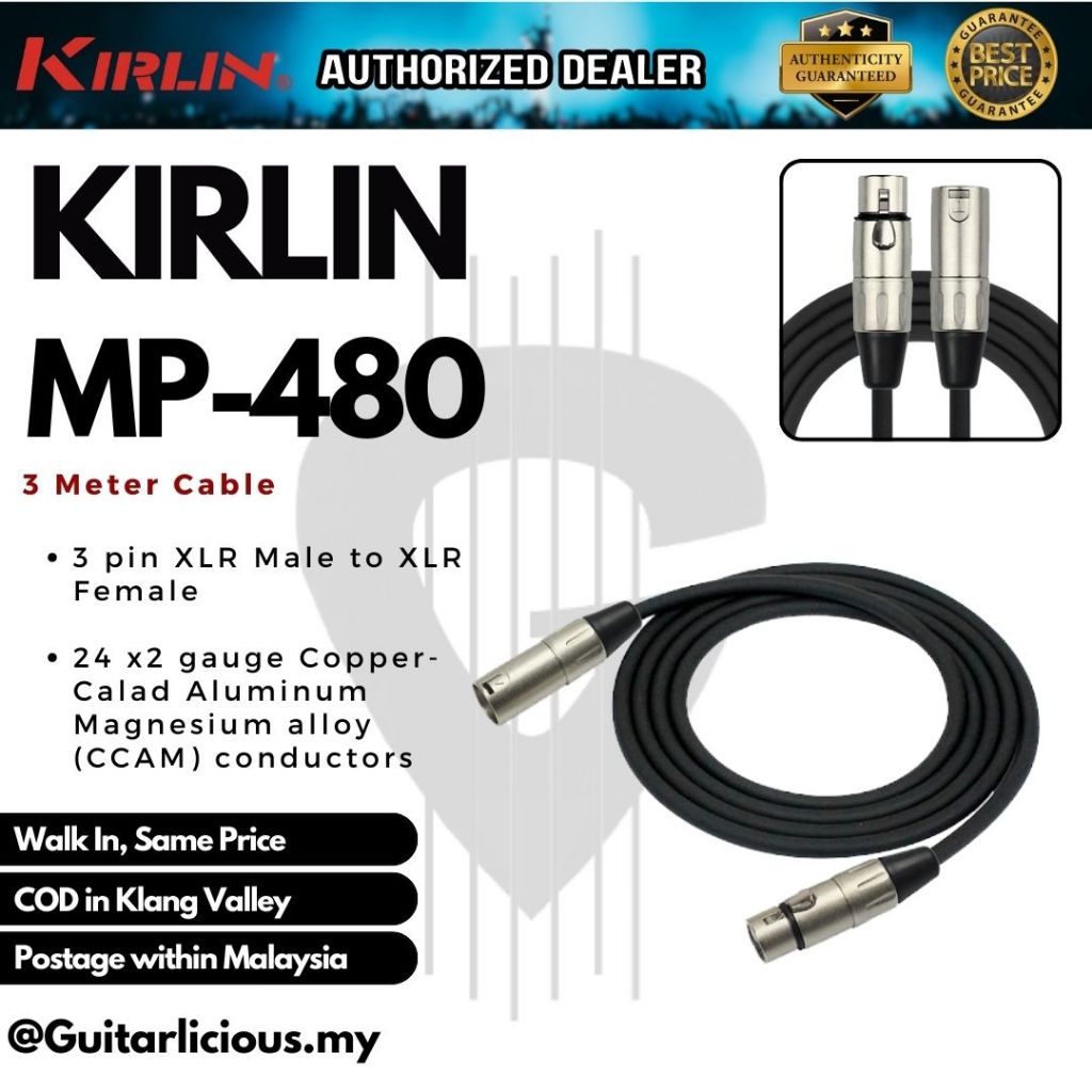 Kirlin MP-480 XLR Male to XLR Female 3-Pin Microphone Cable -24AWG ...