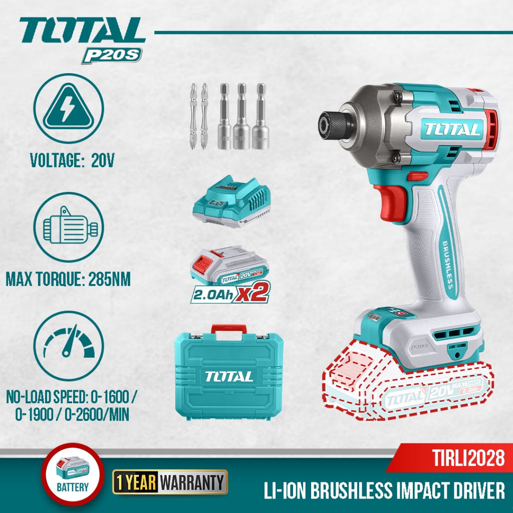 TOTAL Li-ion Impact Driver (285Nm) Brushless Motor + Battery (2 Pcs ...