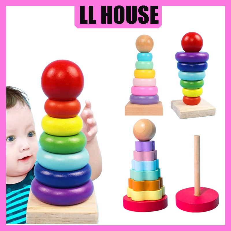 Baby Wooden Rainbow Tower Ring Building Blocks Kids Educational Puzzle ...