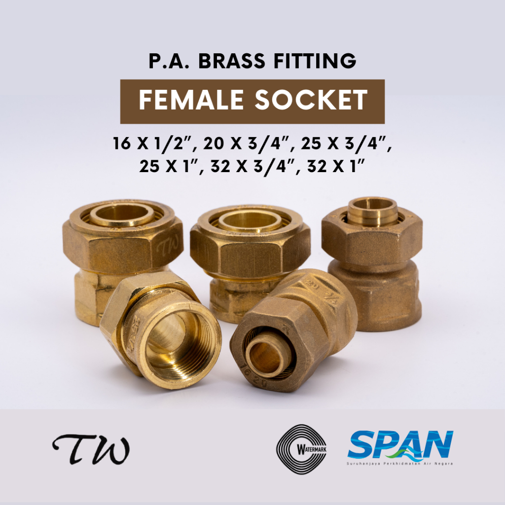 TW PA Pipe Fitting Brass Female Socket - 16x1/2”, 20x3/4”, 25x3/4 ...