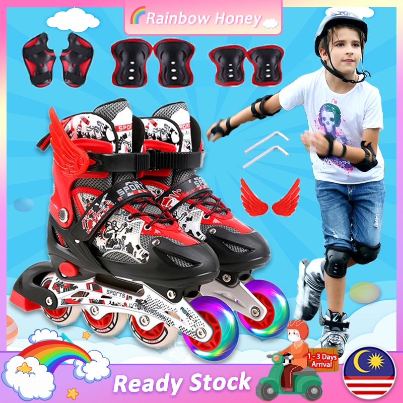 RB🌈Cheap 8-Wheel Single Flash Kids Adjustable Inline Roller Skate Kasut ...